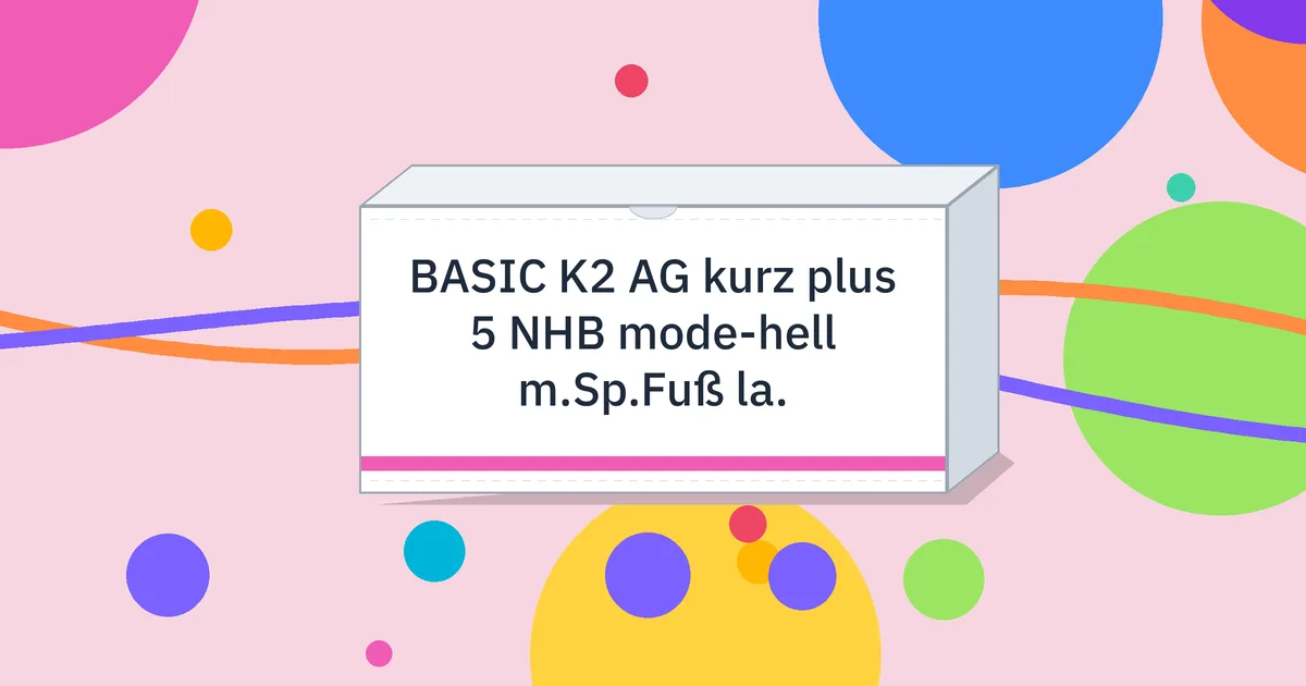 Symbolbild: Packung mit der Aufschrift BASIC K2 AG kurz plus 5 NHB mode-hell m.Sp.Fuß la. (PZN 20268070) – Verfügbarkeit und Bezug in Apotheken in Frankfurt am Main