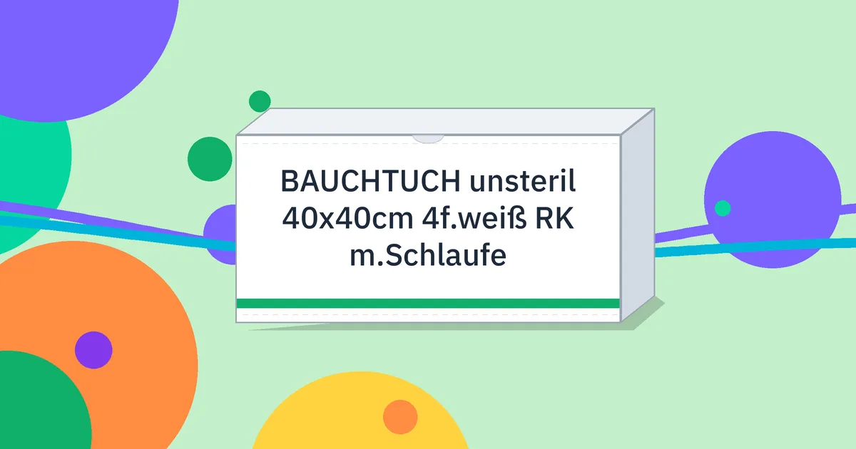 Symbolbild: Packung mit der Aufschrift BAUCHTUCH unsteril 40x40cm 4f.weiß RK m.Schlaufe (PZN 13506913) – Verfügbarkeit und Bezug in Apotheken in Frankfurt am Main