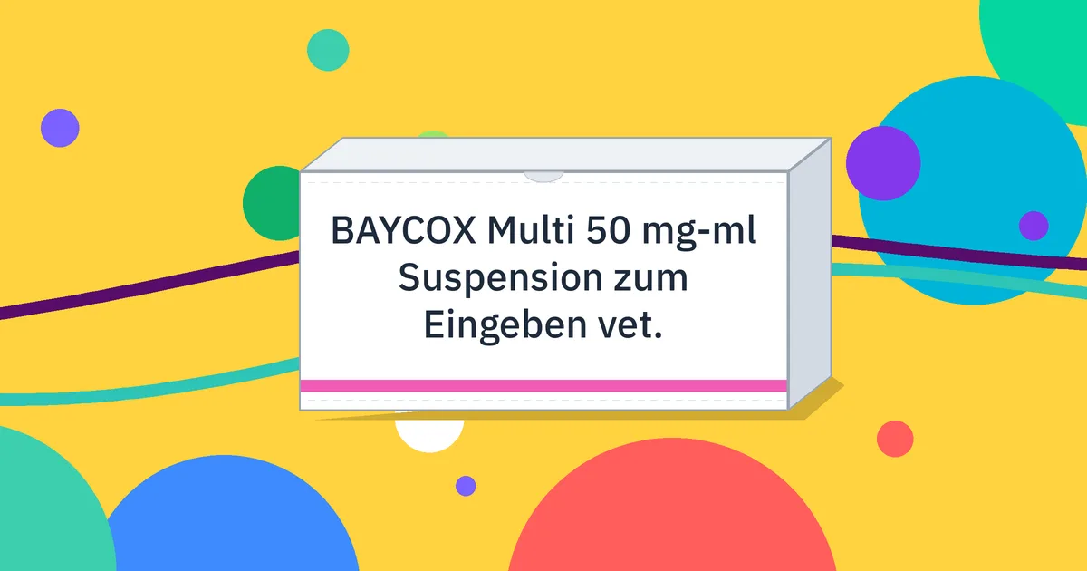 Symbolbild: Packung mit der Aufschrift BAYCOX Multi 50 mg-ml Suspension zum Eingeben vet. (PZN 13865138) – Verfügbarkeit und Bezug in Apotheken in Frankfurt am Main
