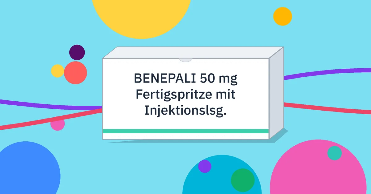 Symbolbild: Packung mit der Aufschrift BENEPALI 50 mg Fertigspritze mit Injektionslsg. (PZN 16759394) – Verfügbarkeit und Bezug in Apotheken in Frankfurt am Main