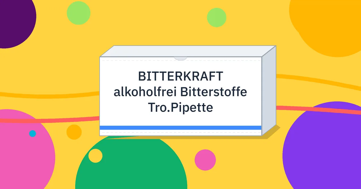 Symbolbild: Packung mit der Aufschrift BITTERKRAFT alkoholfrei Bitterstoffe Tro.Pipette (PZN 19101703) – Verfügbarkeit und Bezug in Apotheken in Frankfurt am Main