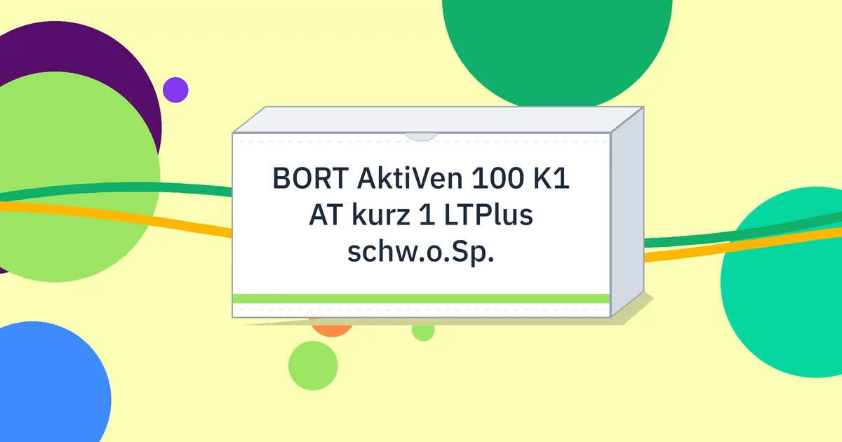 Symbolbild: Packung mit der Aufschrift BORT AktiVen 100 K1 AT kurz 1 LTPlus schw.o.Sp. (PZN 18175763) – Verfügbarkeit und Bezug in Apotheken in Frankfurt am Main