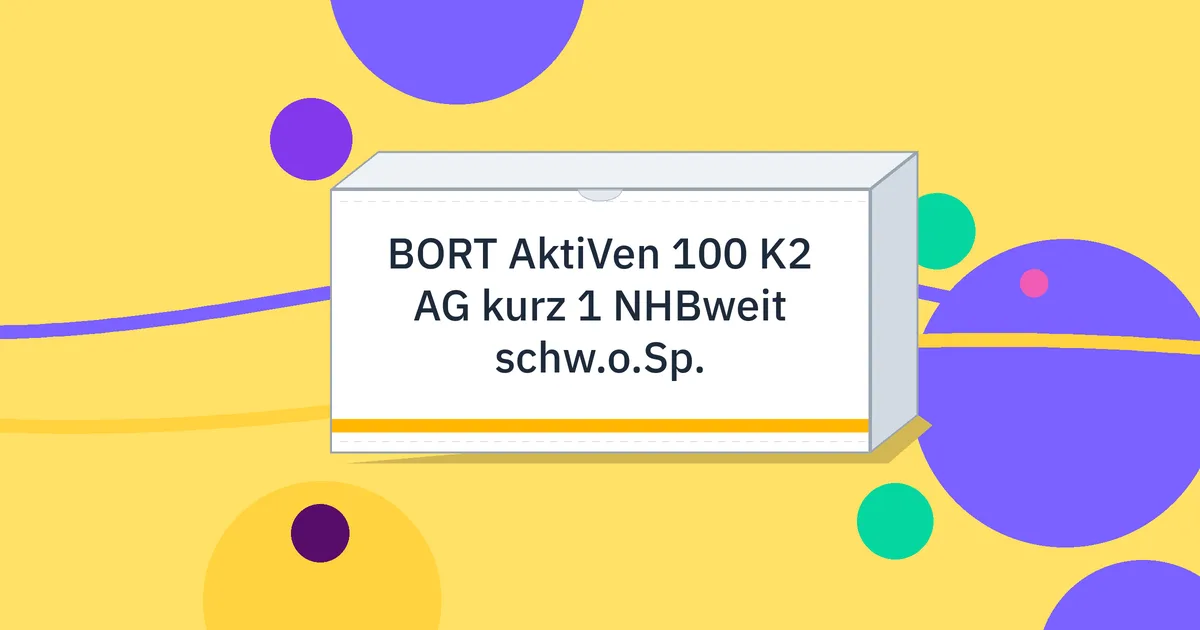 Symbolbild: Packung mit der Aufschrift BORT AktiVen 100 K2 AG kurz 1 NHBweit schw.o.Sp. (PZN 14387451) – Verfügbarkeit und Bezug in Apotheken in Frankfurt am Main