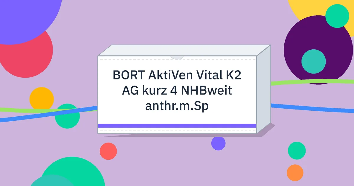 Symbolbild: Packung mit der Aufschrift BORT AktiVen Vital K2 AG kurz 4 NHBweit anthr.m.Sp (PZN 13734778) – Verfügbarkeit und Bezug in Apotheken in Frankfurt am Main