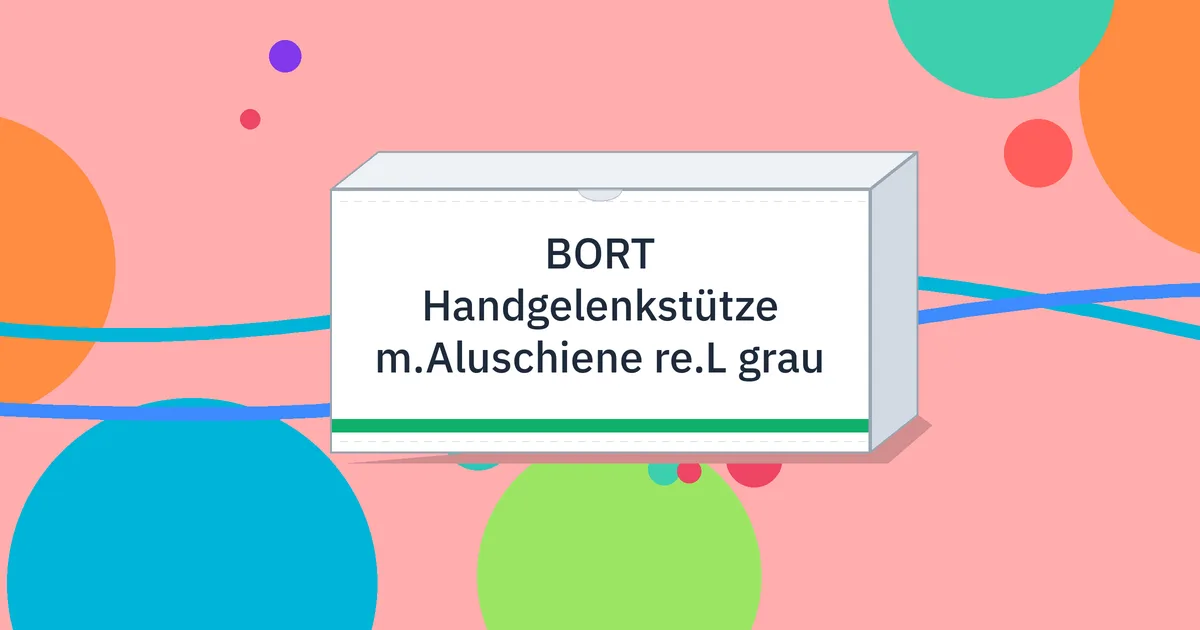 Symbolbild: Packung mit der Aufschrift BORT Handgelenkstütze m.Aluschiene re.L grau (PZN 17842950) – Verfügbarkeit und Bezug in Apotheken in Frankfurt am Main