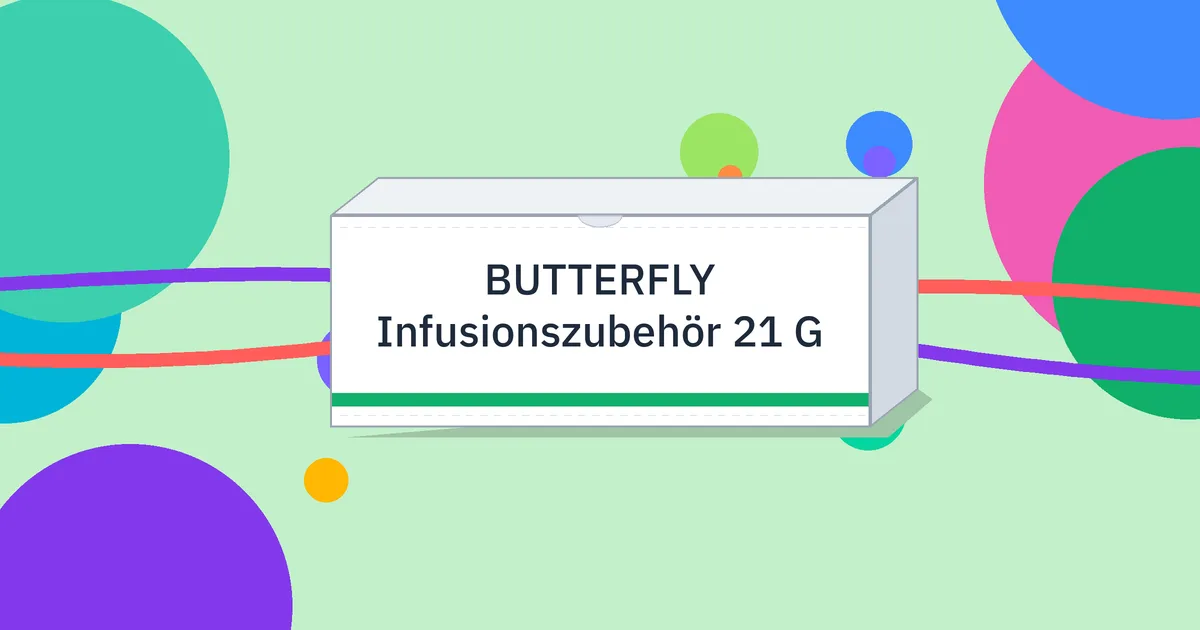 Symbolbild: Packung mit der Aufschrift BUTTERFLY Infusionszubehör 21 G (PZN 06941985) – Verfügbarkeit und Bezug in Apotheken in Frankfurt am Main