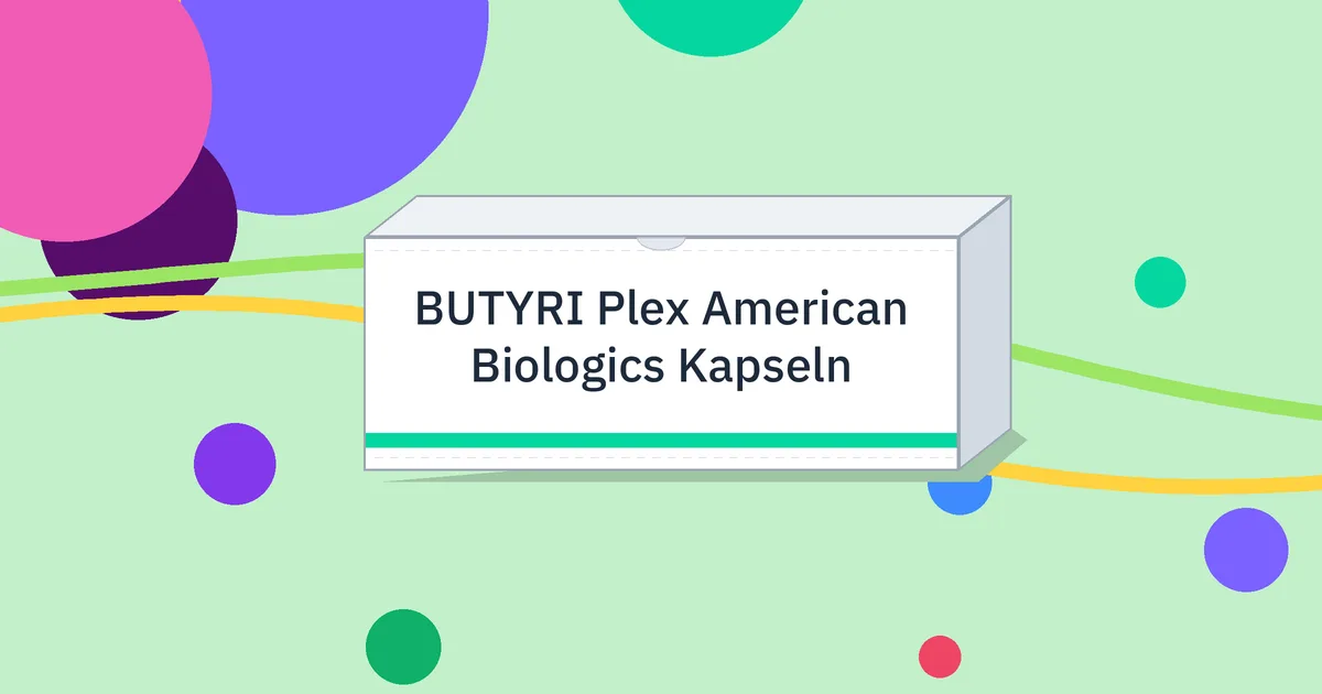 Symbolbild: Packung mit der Aufschrift BUTYRI Plex American Biologics Kapseln (PZN 13831866) – Verfügbarkeit und Bezug in Apotheken in Frankfurt am Main