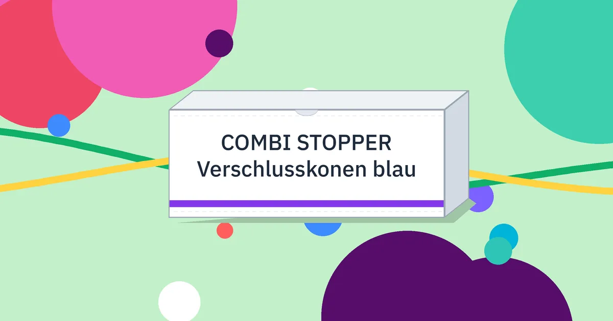 Symbolbild: Packung mit der Aufschrift COMBI STOPPER Verschlusskonen blau (PZN 00812057) – Verfügbarkeit und Bezug in Apotheken in Frankfurt am Main