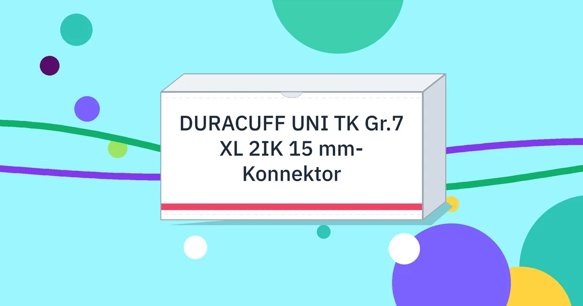 Symbolbild: Packung mit der Aufschrift DURACUFF UNI TK Gr.7 XL 2IK 15 mm-Konnektor (PZN 00943210) – Verfügbarkeit und Bezug in Apotheken in Frankfurt am Main