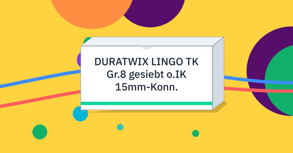 Symbolbild: Packung mit der Aufschrift DURATWIX LINGO TK Gr.8 gesiebt o.IK 15mm-Konn. (PZN 06971360) – Verfügbarkeit und Bezug in Apotheken in Frankfurt am Main