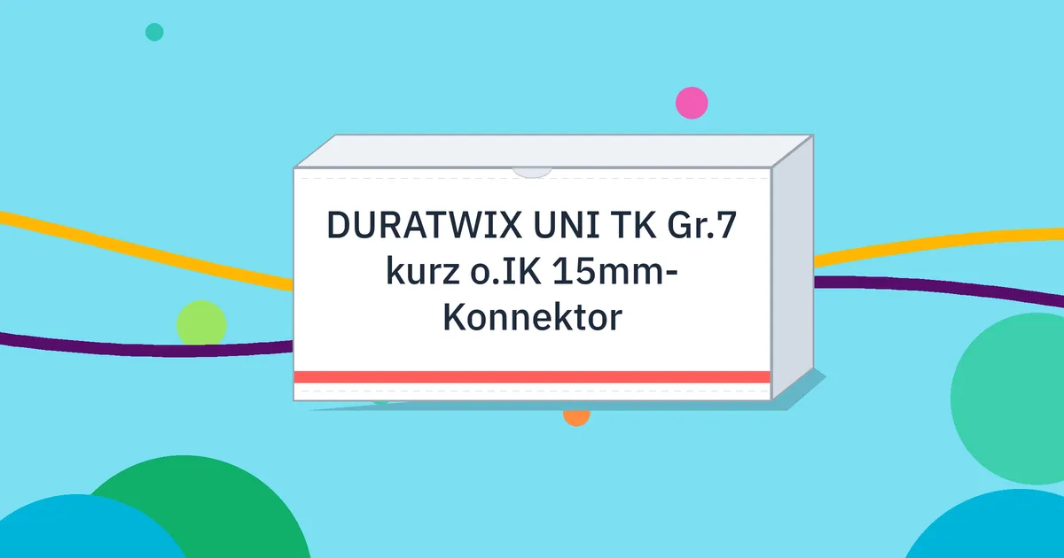 Symbolbild: Packung mit der Aufschrift DURATWIX UNI TK Gr.7 kurz o.IK 15mm-Konnektor (PZN 06968369) – Verfügbarkeit und Bezug in Apotheken in Frankfurt am Main