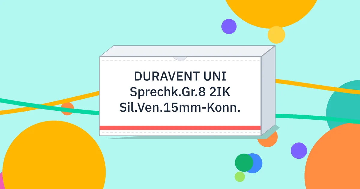Symbolbild: Packung mit der Aufschrift DURAVENT UNI Sprechk.Gr.8 2IK Sil.Ven.15mm-Konn. (PZN 02083303) – Verfügbarkeit und Bezug in Apotheken in Frankfurt am Main