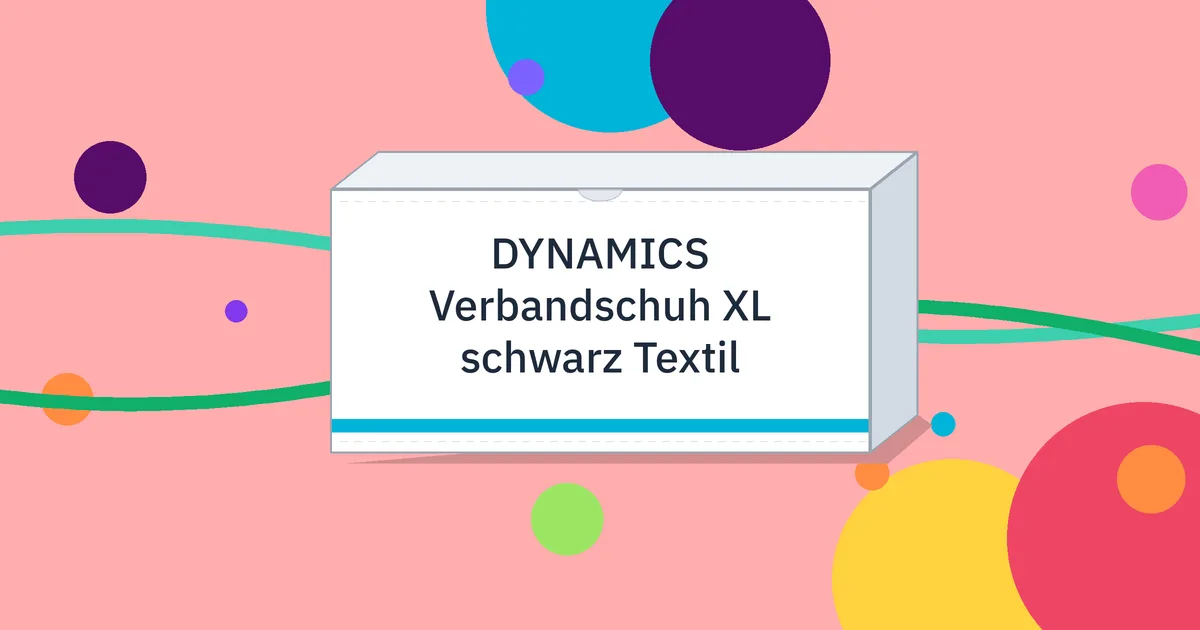 Symbolbild: Packung mit der Aufschrift DYNAMICS Verbandschuh XL schwarz Textil (PZN 10635739) – Verfügbarkeit und Bezug in Apotheken in Frankfurt am Main