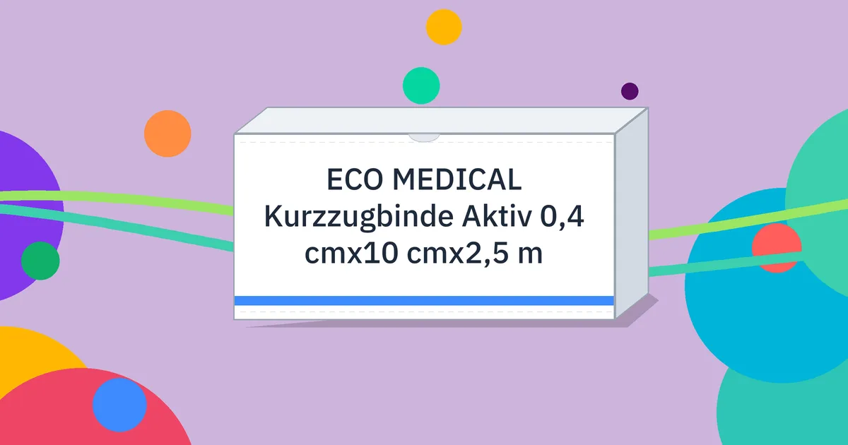 Symbolbild: Packung mit der Aufschrift ECO MEDICAL Kurzzugbinde Aktiv 0,4 cmx10 cmx2,5 m (PZN 11142329) – Verfügbarkeit und Bezug in Apotheken in Frankfurt am Main