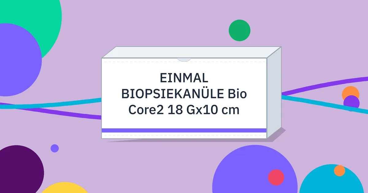 Symbolbild: Packung mit der Aufschrift EINMAL BIOPSIEKANÜLE Bio Core2 18 Gx10 cm (PZN 10184691) – Verfügbarkeit und Bezug in Apotheken in Frankfurt am Main
