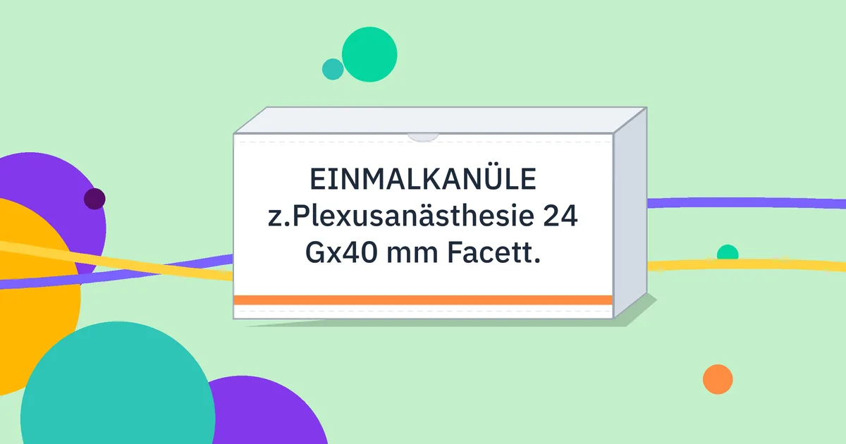 Symbolbild: Packung mit der Aufschrift EINMALKANÜLE z.Plexusanästhesie 24 Gx40 mm Facett. (PZN 17271565) – Verfügbarkeit und Bezug in Apotheken in Frankfurt am Main