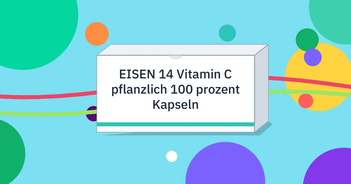 Symbolbild: Packung mit der Aufschrift EISEN 14 Vitamin C pflanzlich 100 prozent Kapseln (PZN 14418128) – Verfügbarkeit und Bezug in Apotheken in Frankfurt am Main
