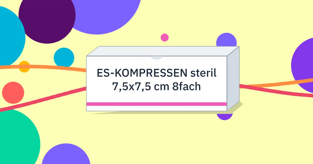 Symbolbild: Packung mit der Aufschrift ES-KOMPRESSEN steril 7,5x7,5 cm 8fach (PZN 20228745) – Verfügbarkeit und Bezug in Apotheken in Frankfurt am Main