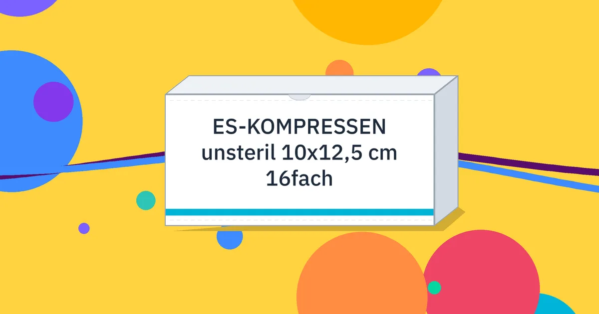 Symbolbild: Packung mit der Aufschrift ES-KOMPRESSEN unsteril 10x12,5 cm 16fach (PZN 09396212) – Verfügbarkeit und Bezug in Apotheken in Frankfurt am Main