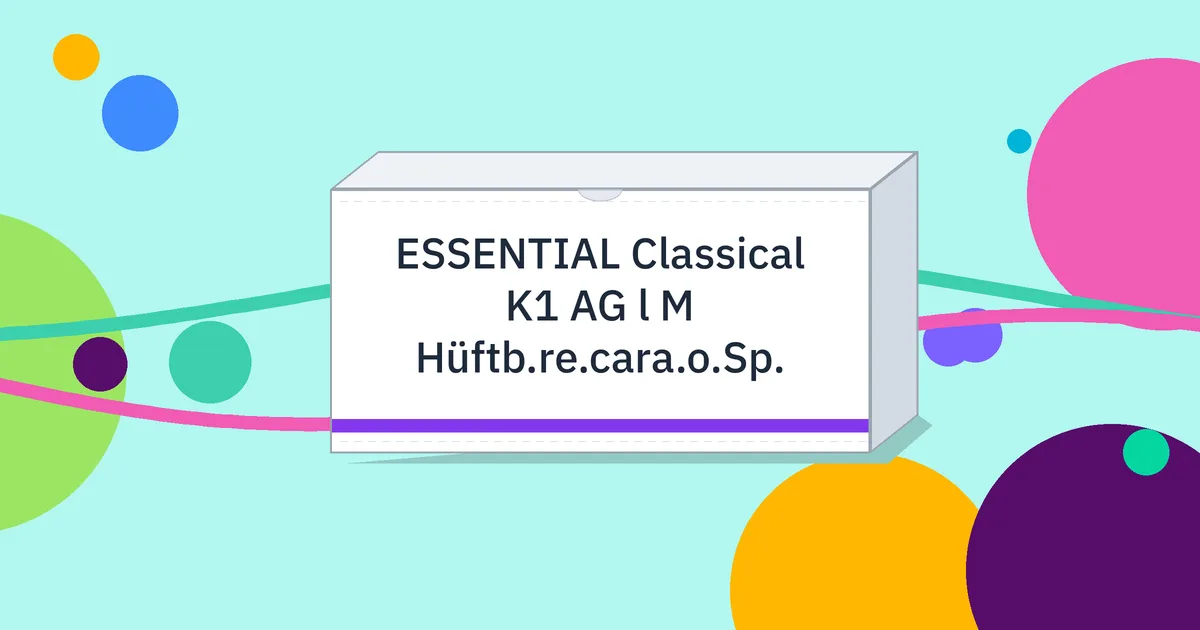 Symbolbild: Packung mit der Aufschrift ESSENTIAL Classical K1 AG l M Hüftb.re.cara.o.Sp. (PZN 17011692) – Verfügbarkeit und Bezug in Apotheken in Frankfurt am Main