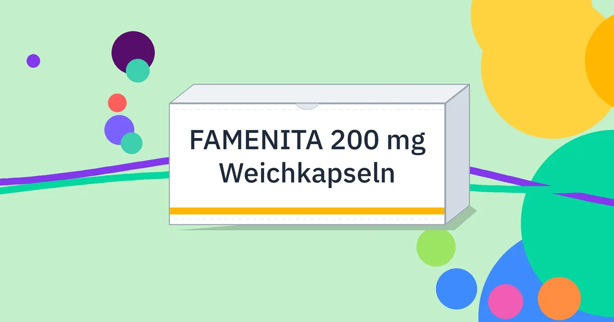 Symbolbild: Packung mit der Aufschrift FAMENITA 200 mg Weichkapseln (PZN 09915209) – Verfügbarkeit und Bezug in Apotheken in Frankfurt am Main