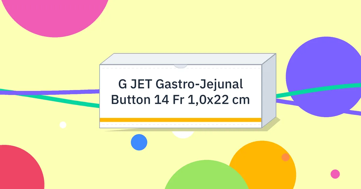 Symbolbild: Packung mit der Aufschrift G JET Gastro-Jejunal Button 14 Fr 1,0x22 cm (PZN 14342626) – Verfügbarkeit und Bezug in Apotheken in Frankfurt am Main