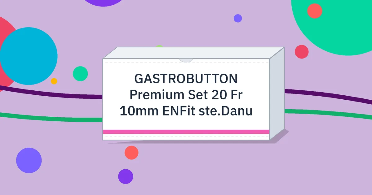 Symbolbild: Packung mit der Aufschrift GASTROBUTTON Premium Set 20 Fr 10mm ENFit ste.Danu (PZN 16883906) – Verfügbarkeit und Bezug in Apotheken in Frankfurt am Main