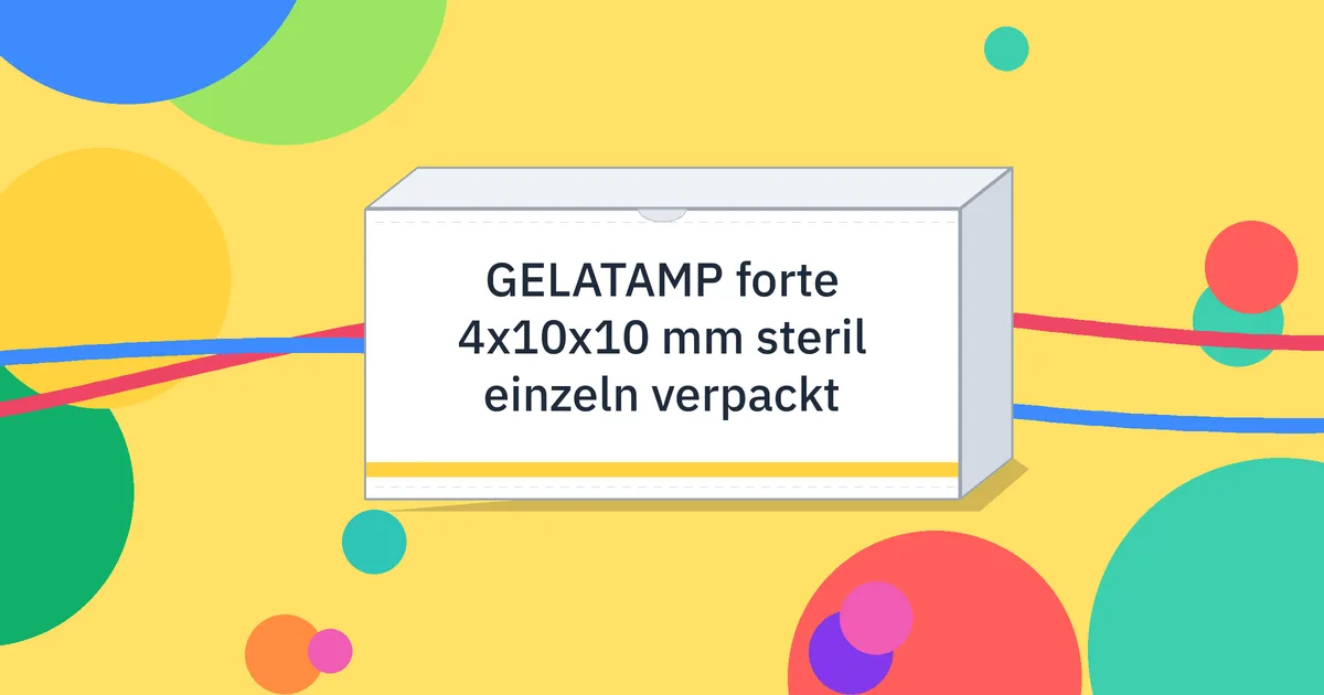 Symbolbild: Packung mit der Aufschrift GELATAMP forte 4x10x10 mm steril einzeln verpackt (PZN 19987428) – Verfügbarkeit und Bezug in Apotheken in Frankfurt am Main