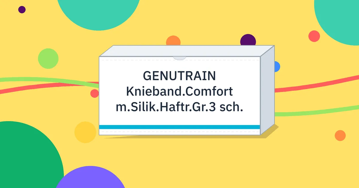 Symbolbild: Packung mit der Aufschrift GENUTRAIN Knieband.Comfort m.Silik.Haftr.Gr.3 sch. (PZN 12517375) – Verfügbarkeit und Bezug in Apotheken in Frankfurt am Main