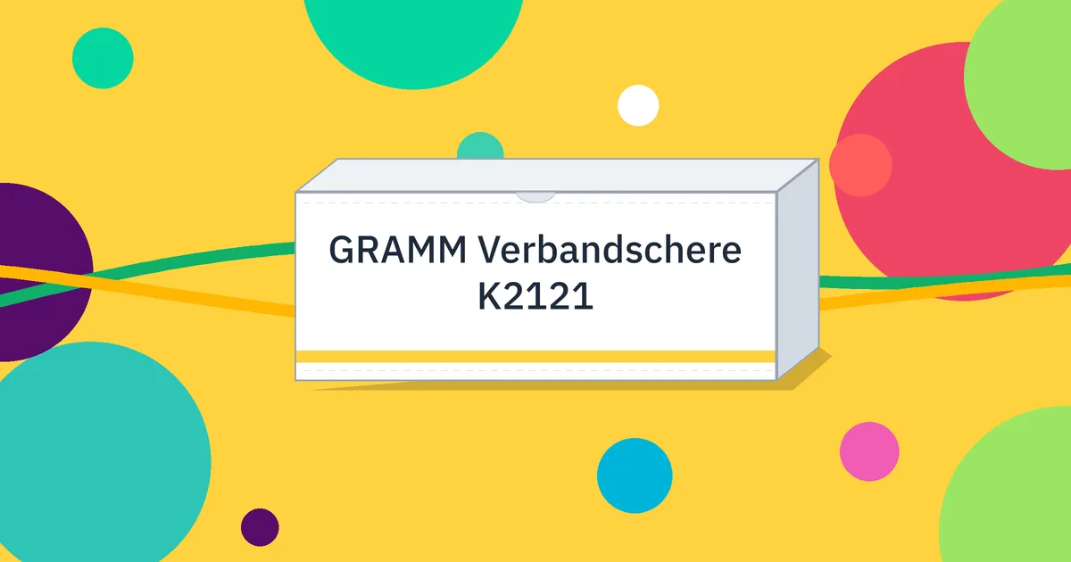 Symbolbild: Packung mit der Aufschrift GRAMM Verbandschere K2121 (PZN 07356639) – Verfügbarkeit und Bezug in Apotheken in Frankfurt am Main