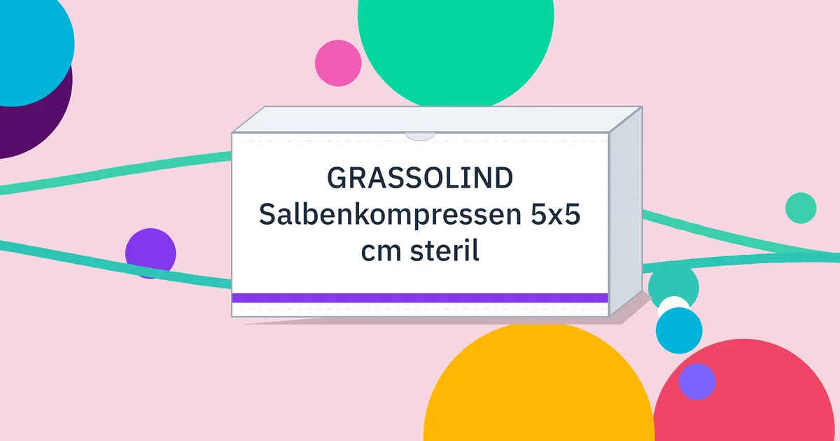 Symbolbild: Packung mit der Aufschrift GRASSOLIND Salbenkompressen 5x5 cm steril (PZN 18913528) – Verfügbarkeit und Bezug in Apotheken in Frankfurt am Main