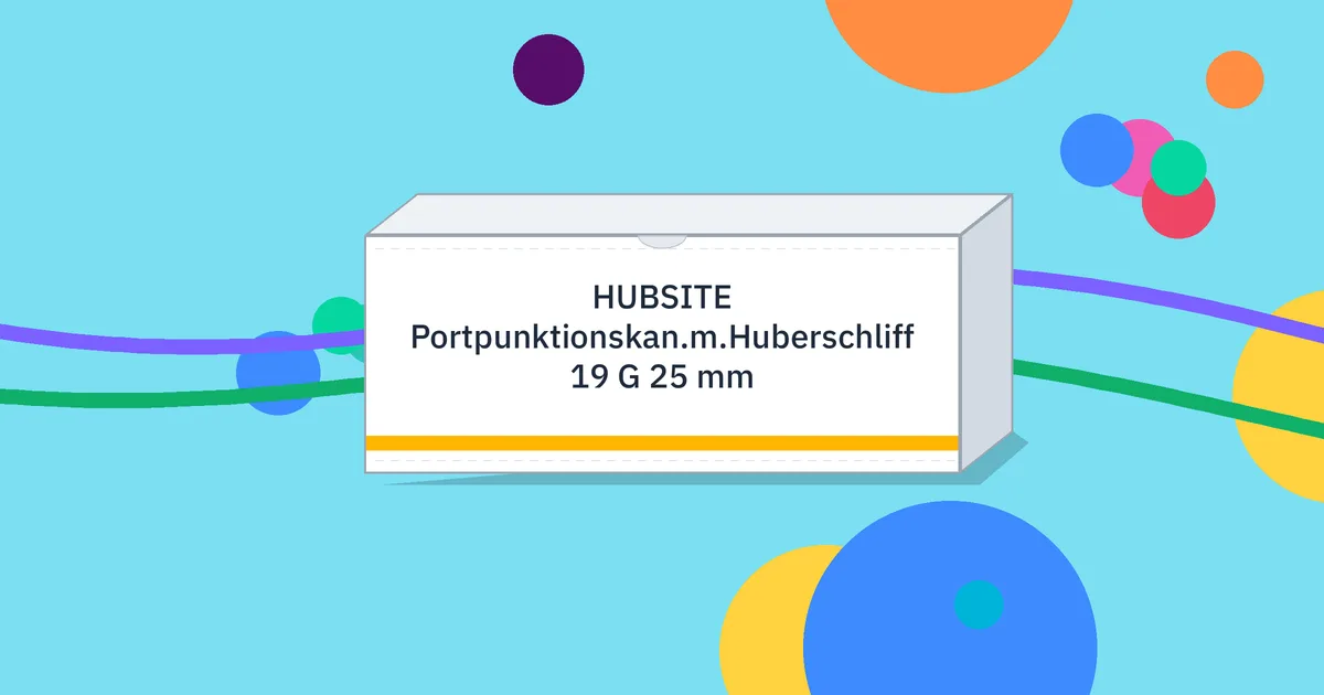 Symbolbild: Packung mit der Aufschrift HUBSITE Portpunktionskan.m.Huberschliff 19 G 25 mm (PZN 07369487) – Verfügbarkeit und Bezug in Apotheken in Frankfurt am Main