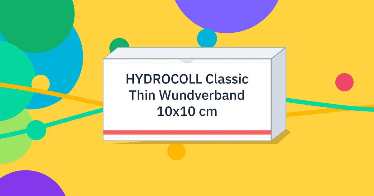 Symbolbild: Packung mit der Aufschrift HYDROCOLL Classic Thin Wundverband 10x10 cm (PZN 19960211) – Verfügbarkeit und Bezug in Apotheken in Frankfurt am Main