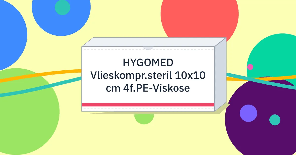 Symbolbild: Packung mit der Aufschrift HYGOMED Vlieskompr.steril 10x10 cm 4f.PE-Viskose (PZN 20383150) – Verfügbarkeit und Bezug in Apotheken in Frankfurt am Main