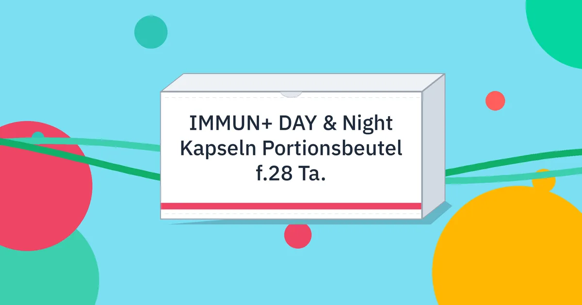 Symbolbild: Packung mit der Aufschrift IMMUN+ DAY & Night Kapseln Portionsbeutel f.28 Ta. (PZN 17593949) – Verfügbarkeit und Bezug in Apotheken in Frankfurt am Main