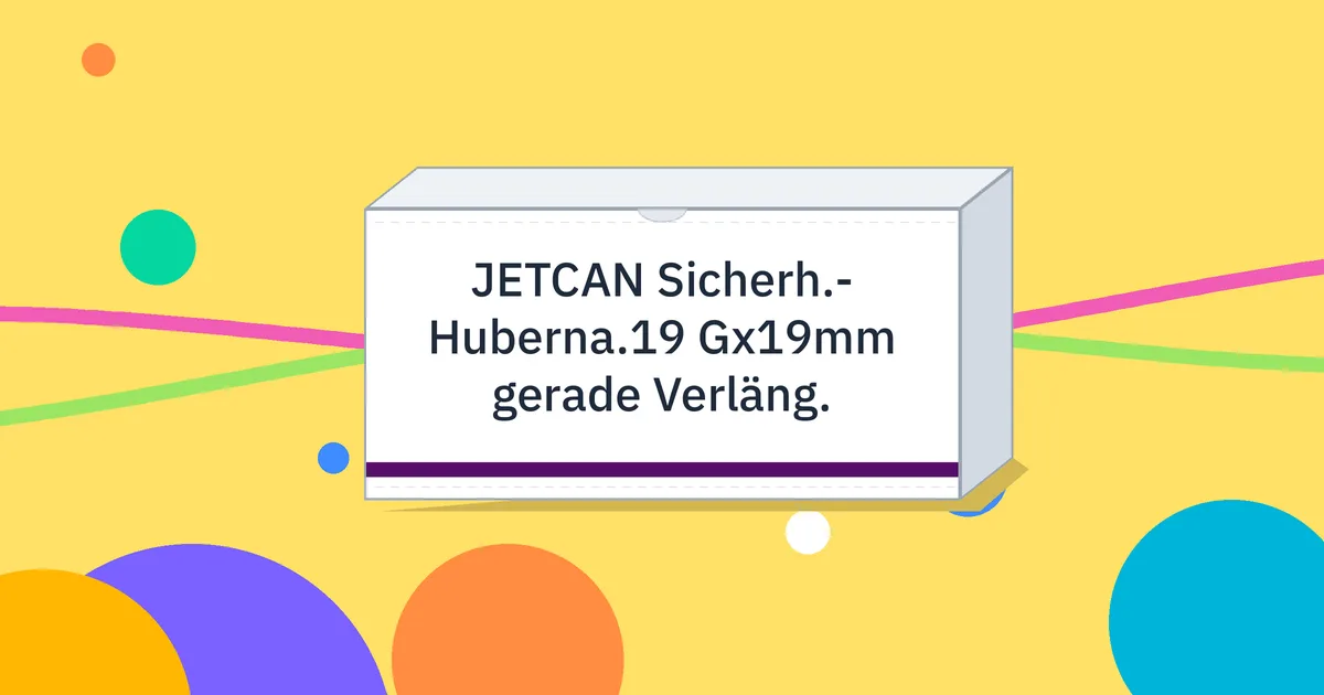Symbolbild: Packung mit der Aufschrift JETCAN Sicherh.-Huberna.19 Gx19mm gerade Verläng. (PZN 20836060) – Verfügbarkeit und Bezug in Apotheken in Frankfurt am Main