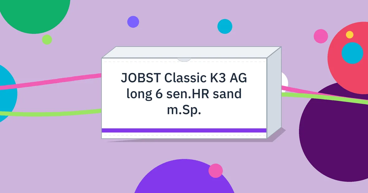 Symbolbild: Packung mit der Aufschrift JOBST Classic K3 AG long 6 sen.HR sand m.Sp. (PZN 17958210) – Verfügbarkeit und Bezug in Apotheken in Frankfurt am Main