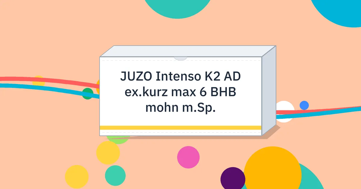 Symbolbild: Packung mit der Aufschrift JUZO Intenso K2 AD ex.kurz max 6 BHB mohn m.Sp. (PZN 18614168) – Verfügbarkeit und Bezug in Apotheken in Frankfurt am Main