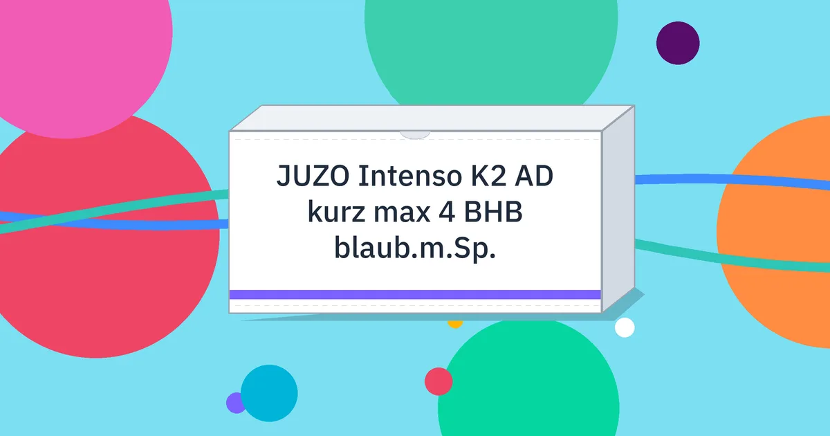 Symbolbild: Packung mit der Aufschrift JUZO Intenso K2 AD kurz max 4 BHB blaub.m.Sp. (PZN 18615765) – Verfügbarkeit und Bezug in Apotheken in Frankfurt am Main
