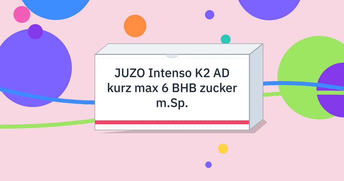 Symbolbild: Packung mit der Aufschrift JUZO Intenso K2 AD kurz max 6 BHB zucker m.Sp. (PZN 18615498) – Verfügbarkeit und Bezug in Apotheken in Frankfurt am Main