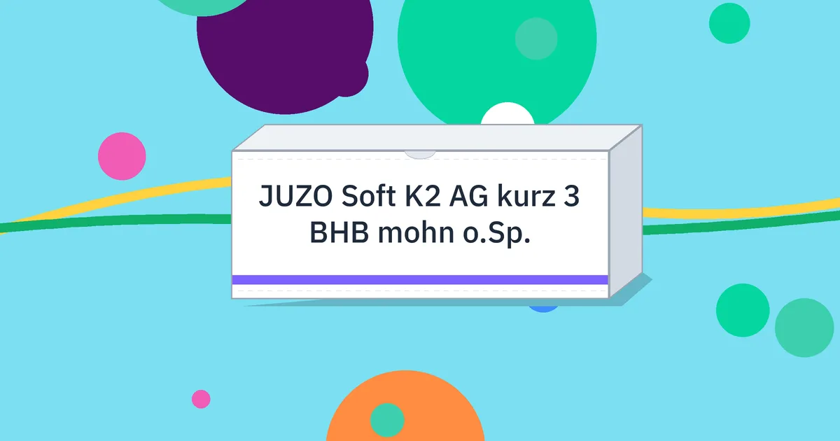 Symbolbild: Packung mit der Aufschrift JUZO Soft K2 AG kurz 3 BHB mohn o.Sp. (PZN 14827097) – Verfügbarkeit und Bezug in Apotheken in Frankfurt am Main