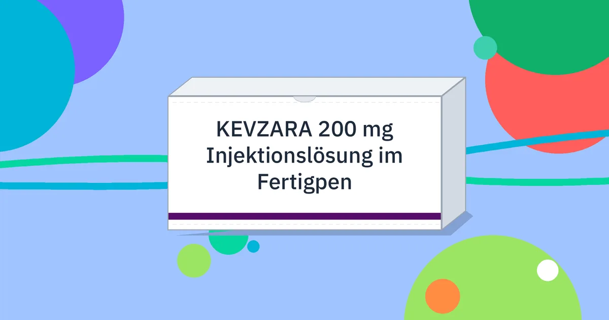 Symbolbild: Packung mit der Aufschrift KEVZARA 200 mg Injektionslösung im Fertigpen (PZN 19149845) – Verfügbarkeit und Bezug in Apotheken in Frankfurt am Main
