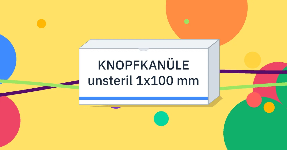 Symbolbild: Packung mit der Aufschrift KNOPFKANÜLE unsteril 1x100 mm (PZN 18074039) – Verfügbarkeit und Bezug in Apotheken in Frankfurt am Main