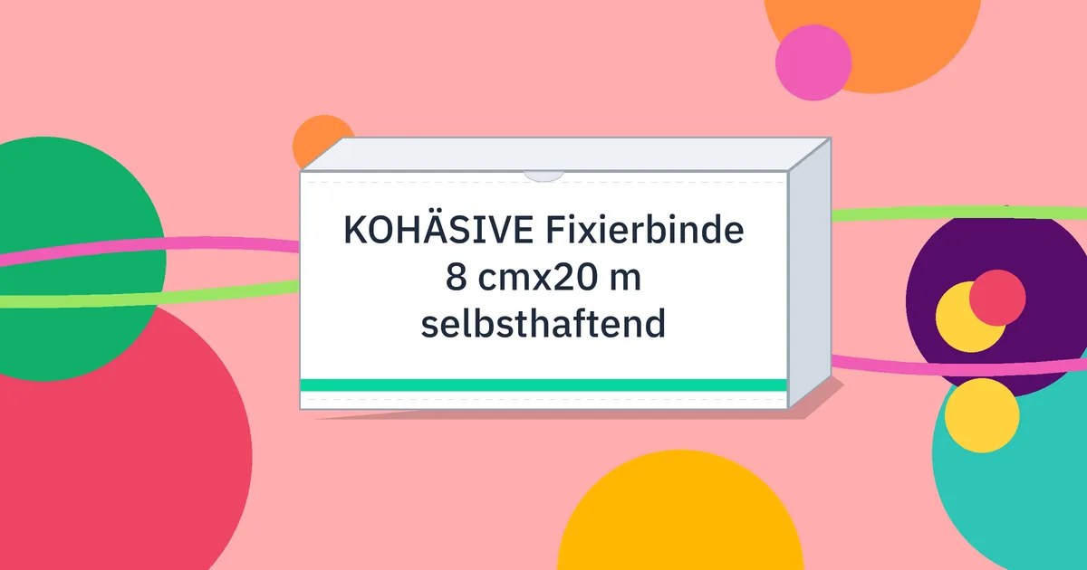 Symbolbild: Packung mit der Aufschrift KOHÄSIVE Fixierbinde 8 cmx20 m selbsthaftend (PZN 17542679) – Verfügbarkeit und Bezug in Apotheken in Frankfurt am Main