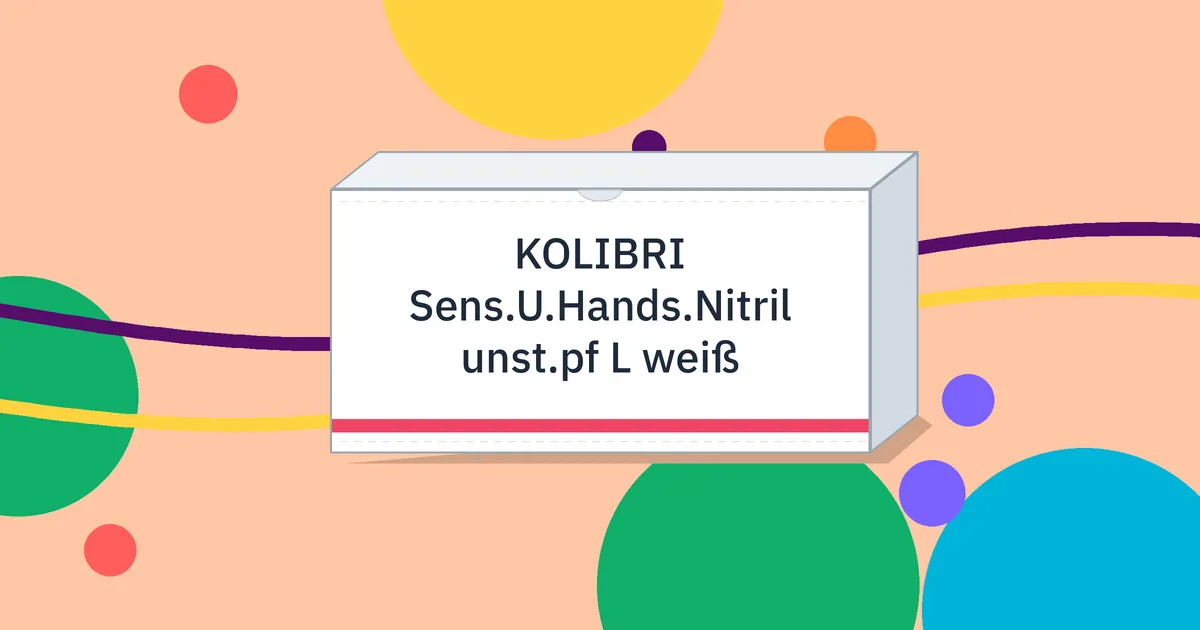 Symbolbild: Packung mit der Aufschrift KOLIBRI Sens.U.Hands.Nitril unst.pf L weiß (PZN 15199131) – Verfügbarkeit und Bezug in Apotheken in Frankfurt am Main