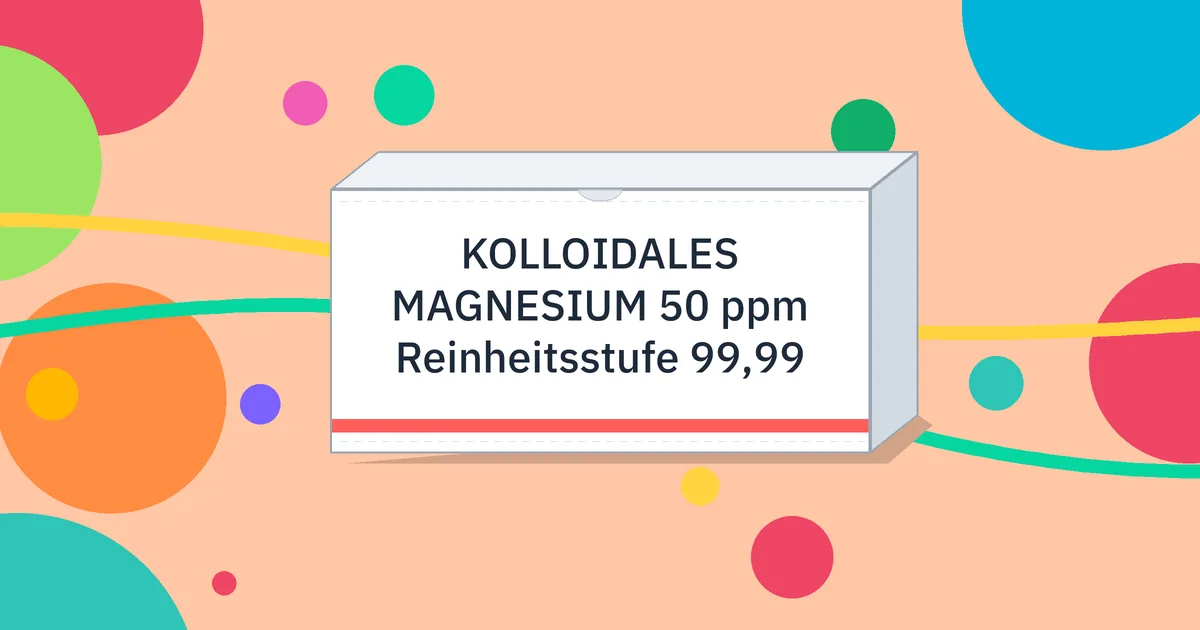 Symbolbild: Packung mit der Aufschrift KOLLOIDALES MAGNESIUM 50 ppm Reinheitsstufe 99,99 (PZN 18209048) – Verfügbarkeit und Bezug in Apotheken in Frankfurt am Main