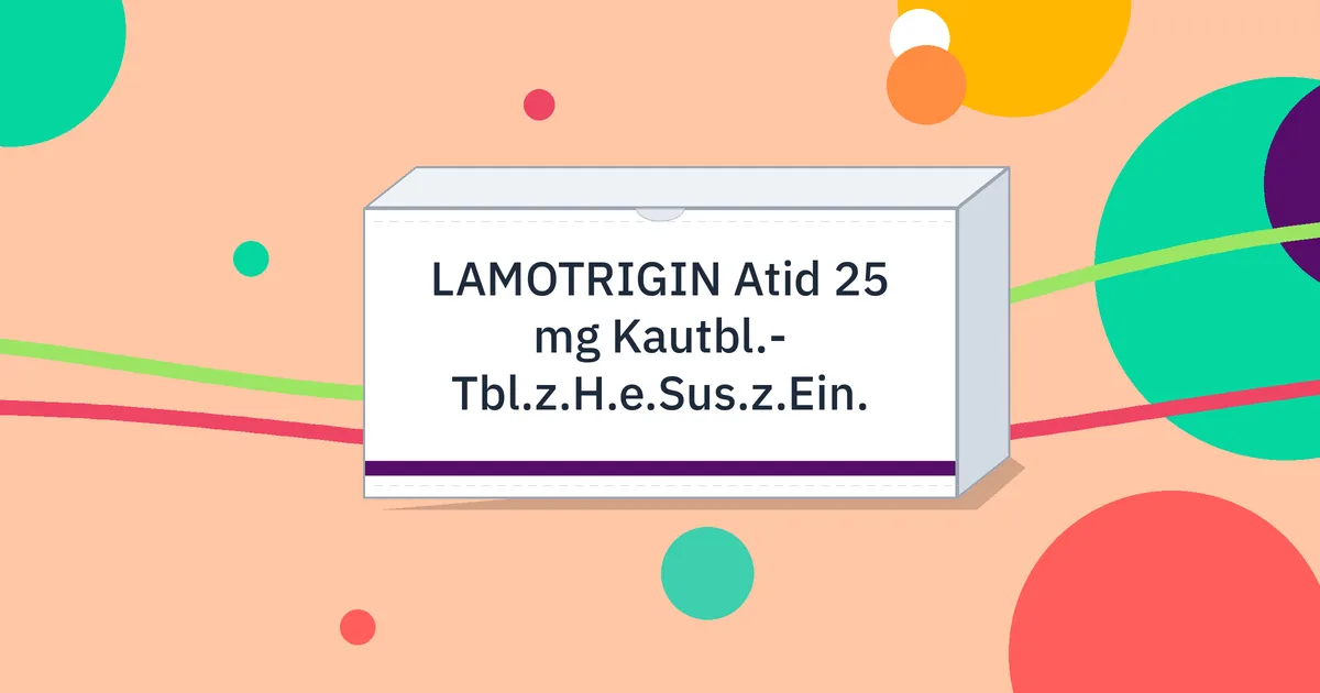 Symbolbild: Packung mit der Aufschrift LAMOTRIGIN Atid 25 mg Kautbl.-Tbl.z.H.e.Sus.z.Ein. (PZN 01602557) – Verfügbarkeit und Bezug in Apotheken in Frankfurt am Main