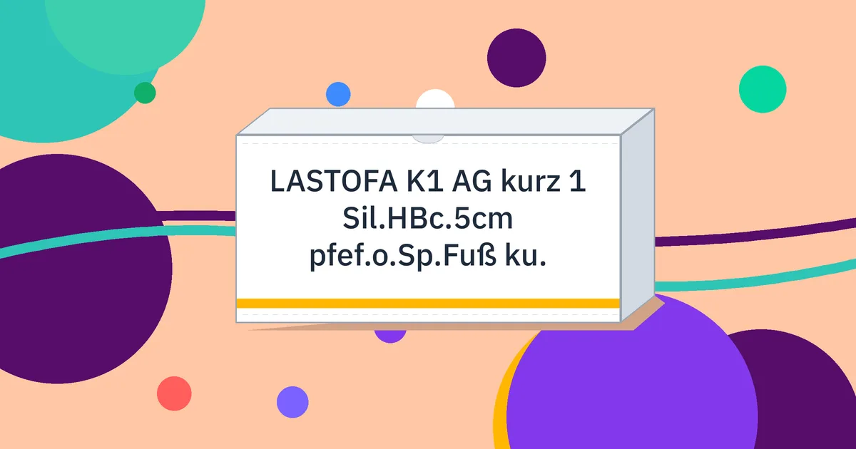 Symbolbild: Packung mit der Aufschrift LASTOFA K1 AG kurz 1 Sil.HBc.5cm pfef.o.Sp.Fuß ku. (PZN 13789437) – Verfügbarkeit und Bezug in Apotheken in Frankfurt am Main