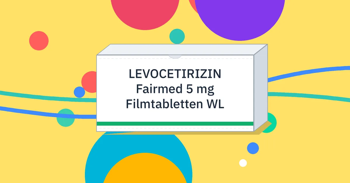 Symbolbild: Packung mit der Aufschrift LEVOCETIRIZIN Fairmed 5 mg Filmtabletten WL (PZN 16169942) – Verfügbarkeit und Bezug in Apotheken in Frankfurt am Main