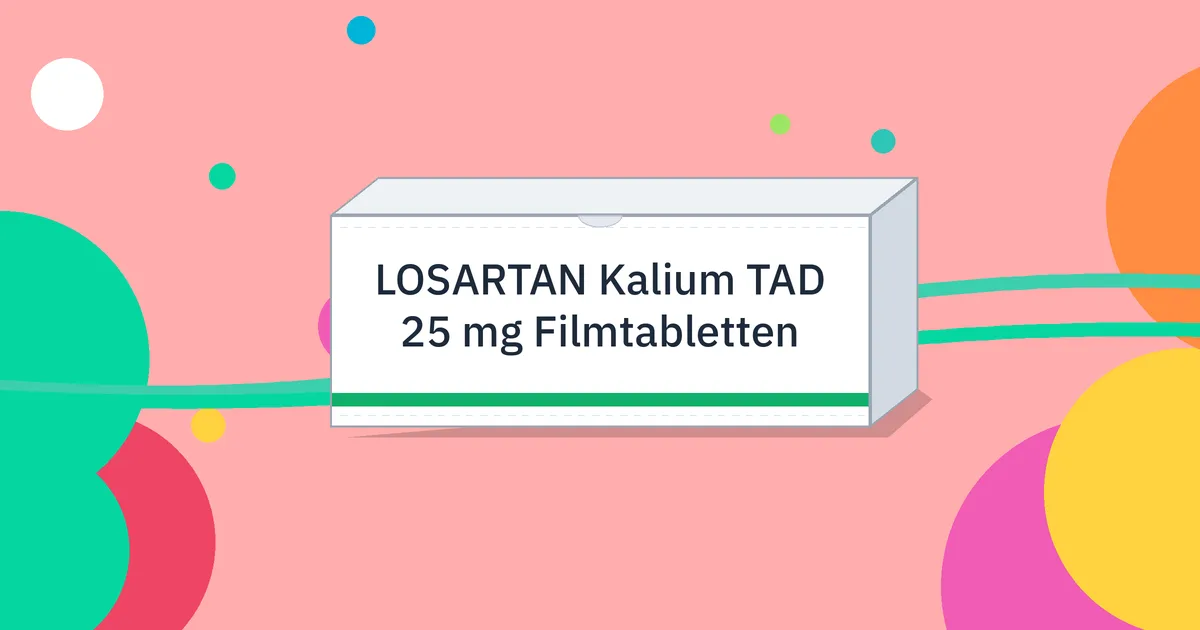 Symbolbild: Packung mit der Aufschrift LOSARTAN Kalium TAD 25 mg Filmtabletten (PZN 09191579) – Verfügbarkeit und Bezug in Apotheken in Frankfurt am Main